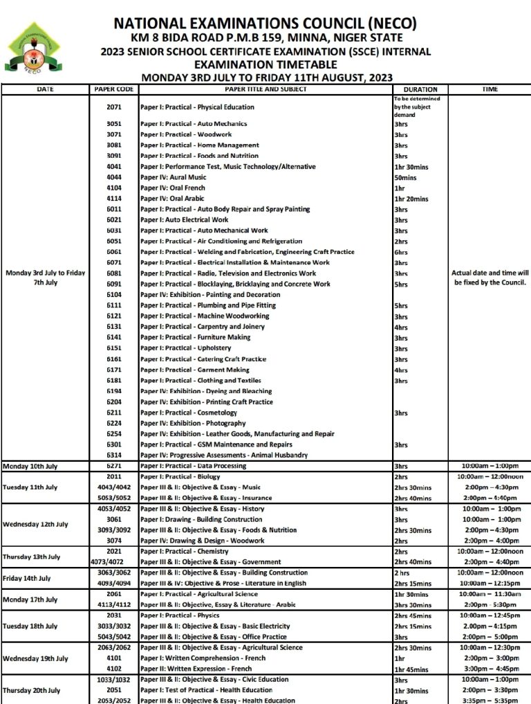 NECO Timetable For 2023/2024 July/August (PDF Download) – Nyscinfo